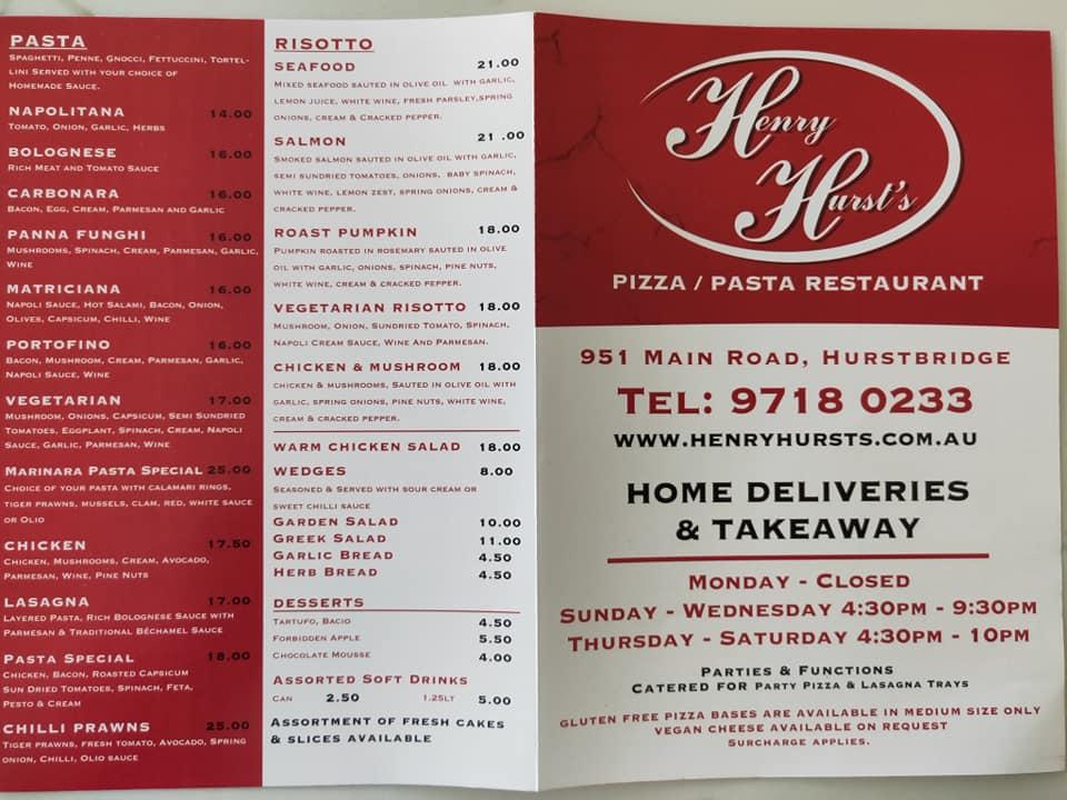 Menu at Henry Hursts Pizza and Pasta Restaurant, Hurstbridge