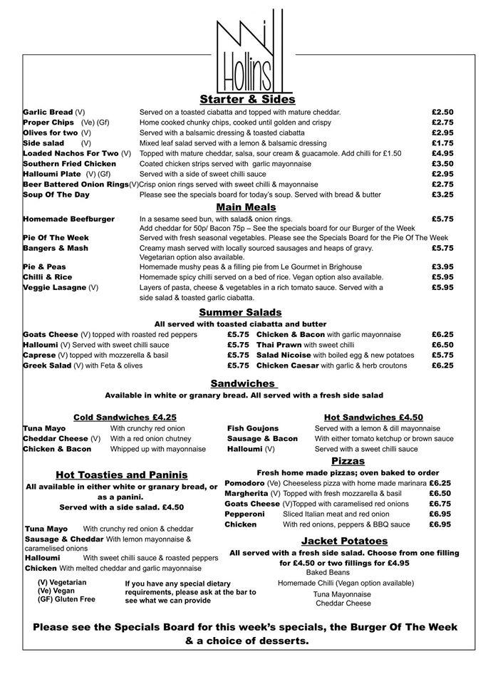 Menu at Hollins Mill pub & bar, Sowerby Bridge
