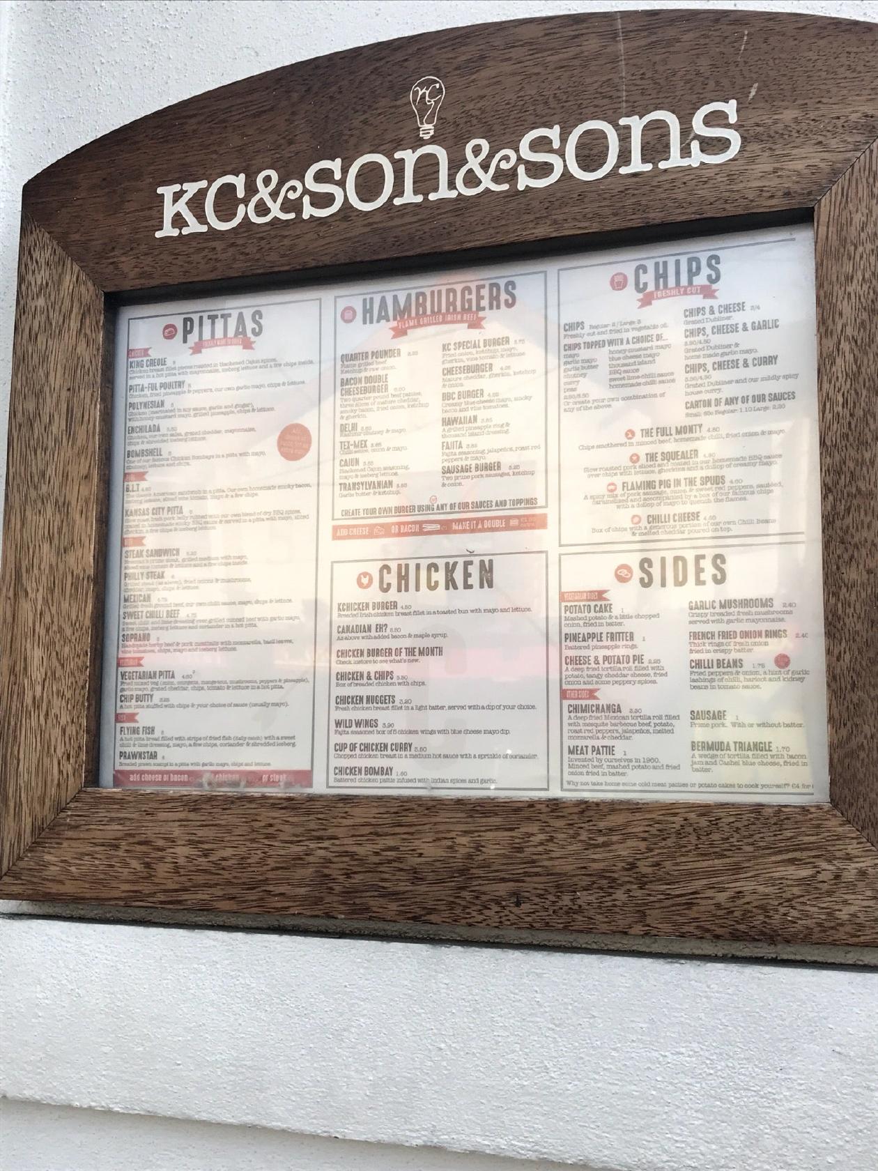 Menu at KC & Son & Sons fast food, Cork