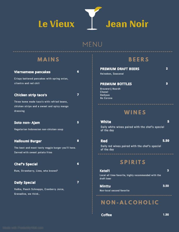 Menu at Le Vieux Jean Noir, Rotterdam
