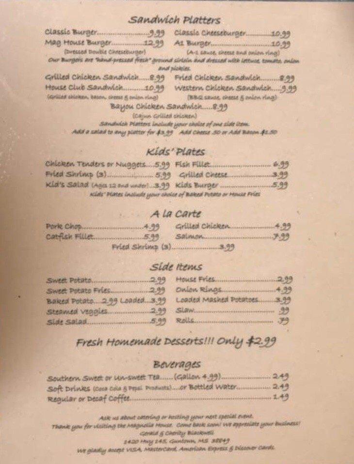Menu at Magnolia House Restaurant, Guntown