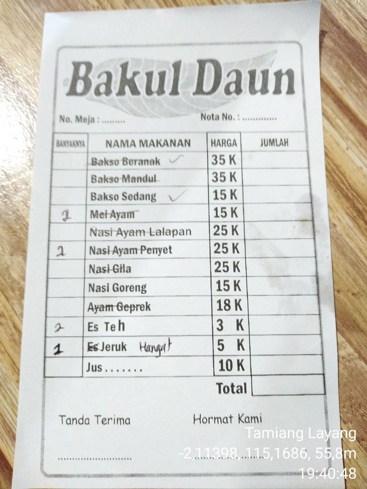 Menu at RM. Bakul Daun, Tamiang Layang