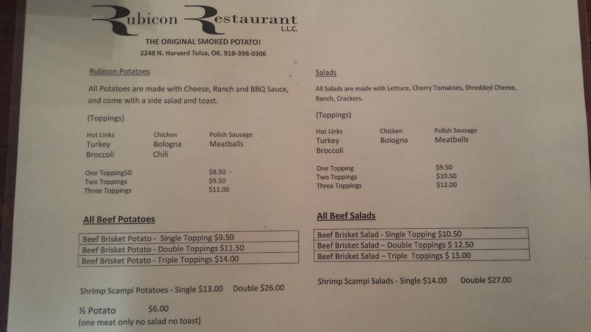Menu at Rubicon BBQ, Tulsa