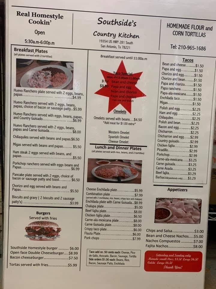 Menu at Southside's Country Kitchen restaurant, San Antonio
