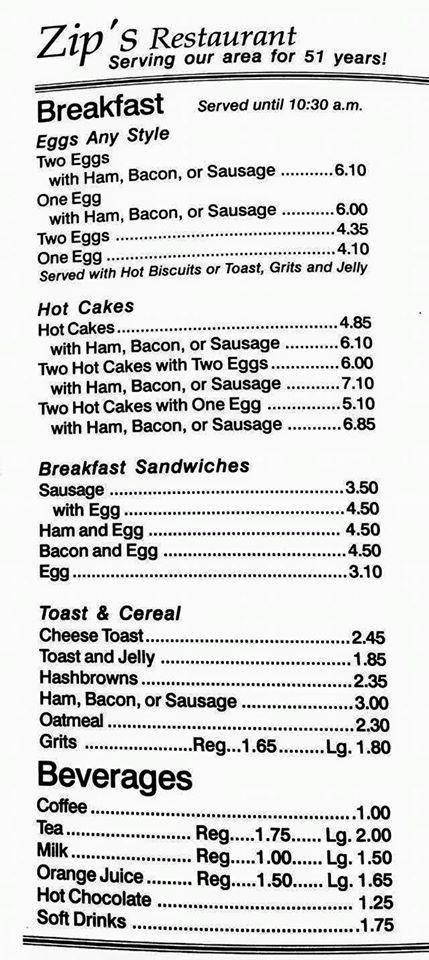 Menu at Zip's Cafe, Magee