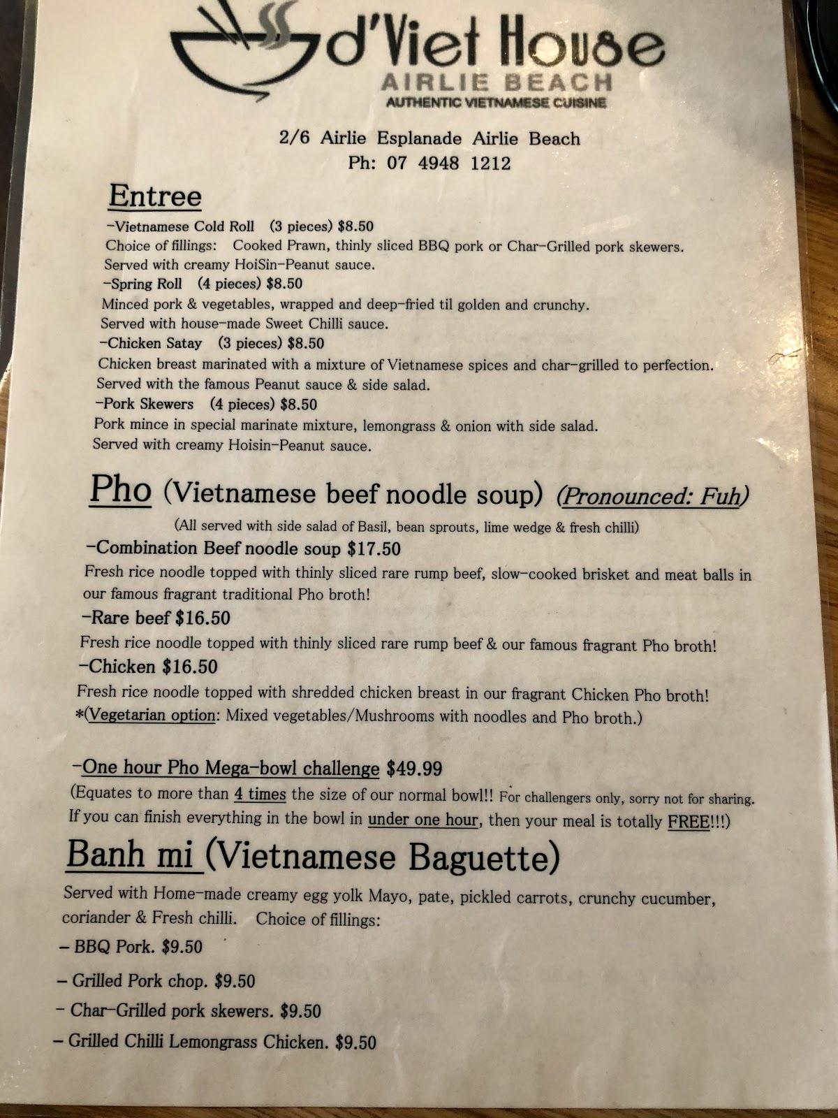 Menu at D'viet House restaurant, Airlie Beach