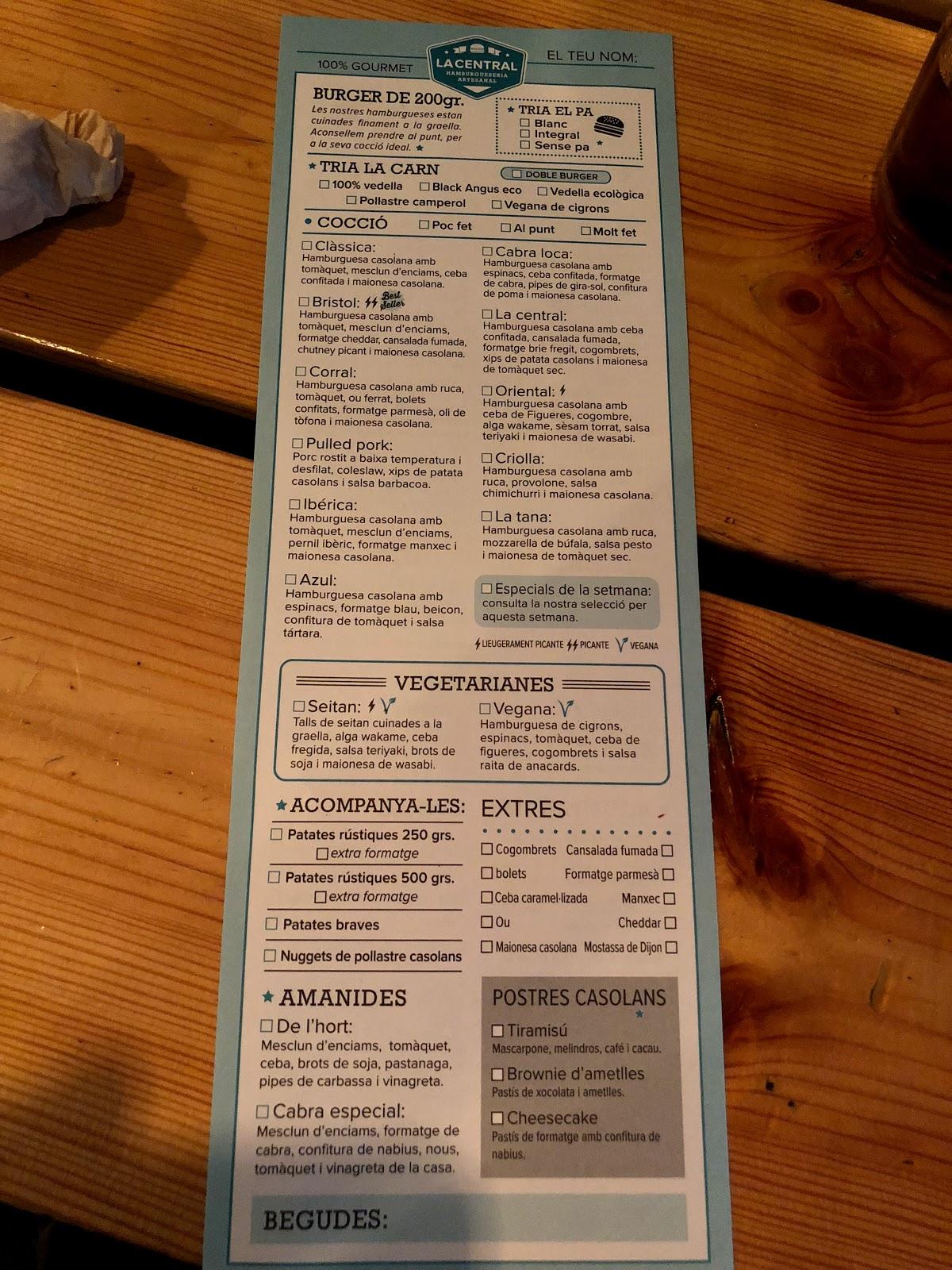 Carta del restaurante la central burger, Barcelona, Via Laietana 45