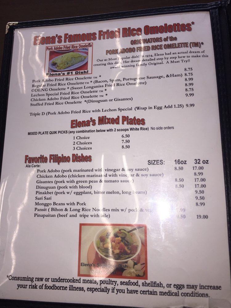 Menu at Elena's Restaurant, Waipahu, Tropicana Square Shopping Center
