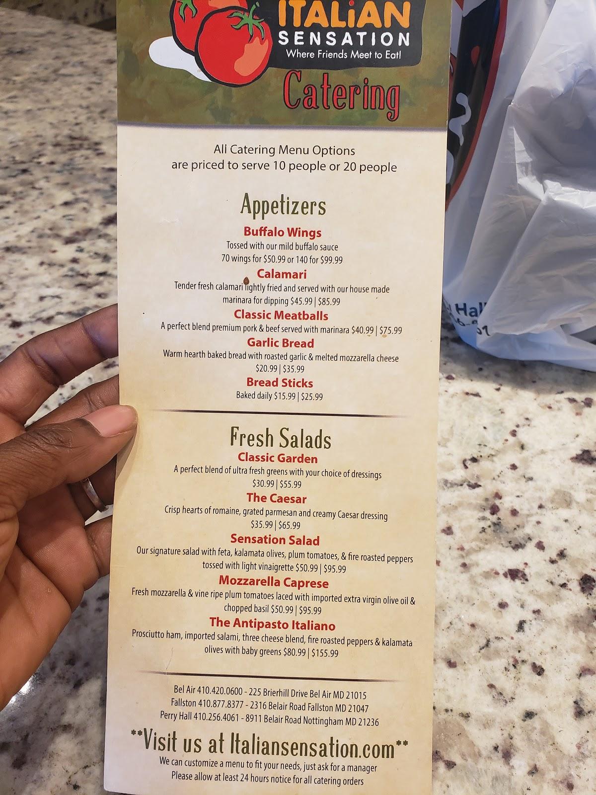 Carta del restaurante Italian Sensation, Bel Air, 225 Brierhill Dr