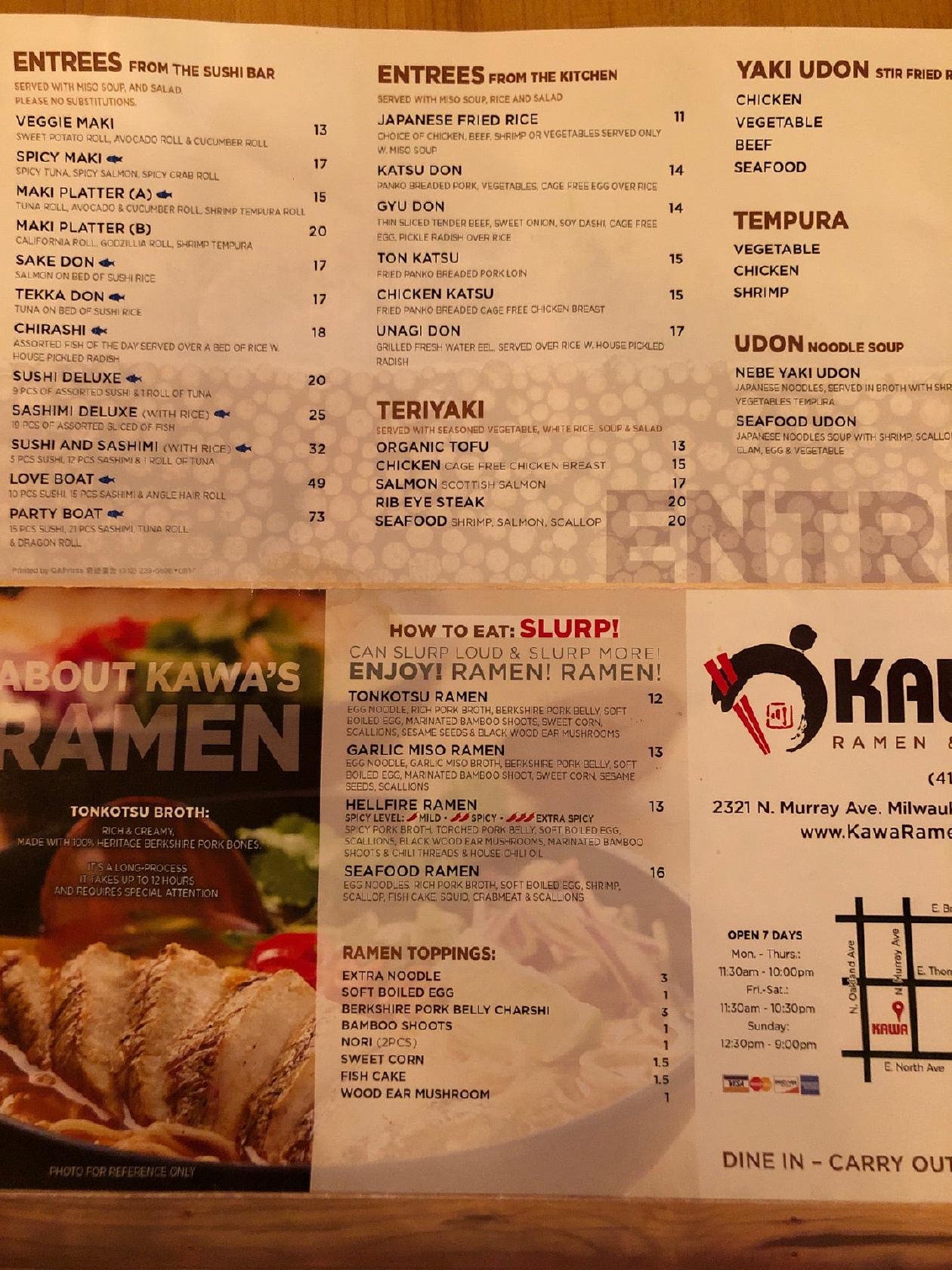 Carta del restaurante Kawa Ramen and Sushi 川ラーメンと寿司 East Side, Milwaukee