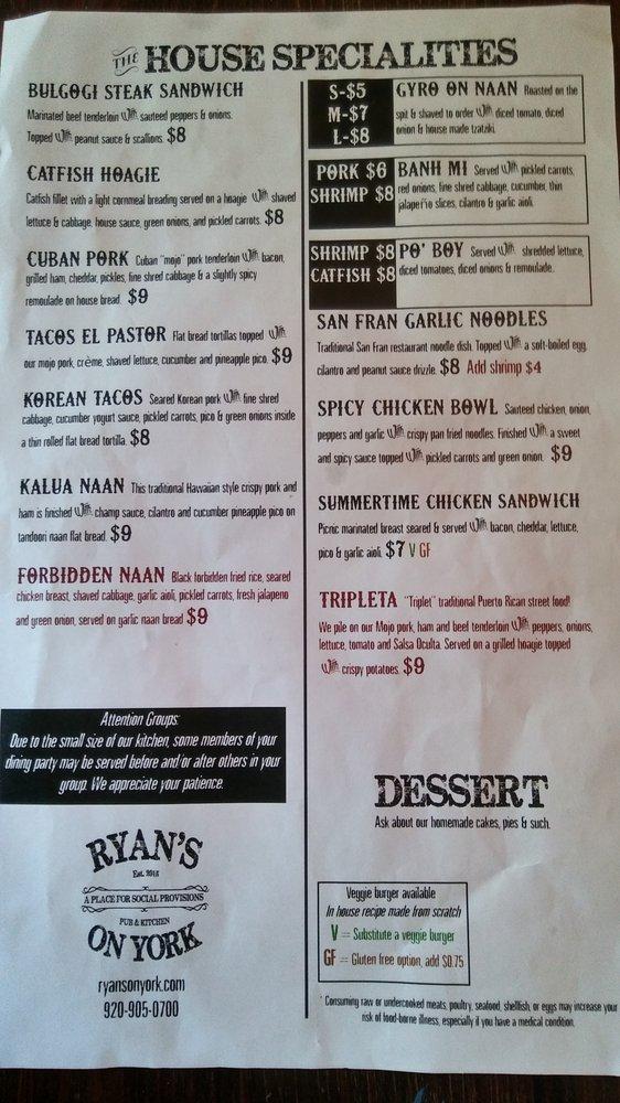 Menu at Ryan's On York pub & bar, Manitowoc
