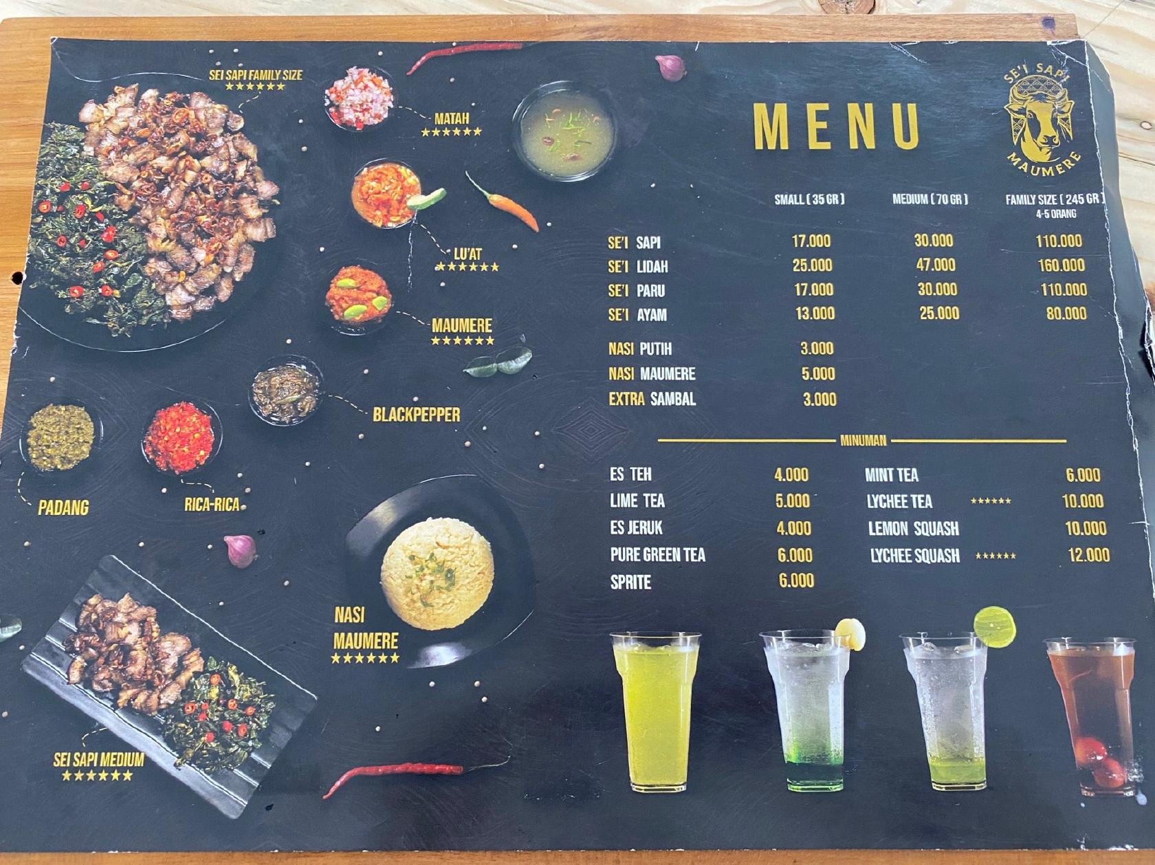 Menu at Sei Sapi Maumere restaurant, Indonesia