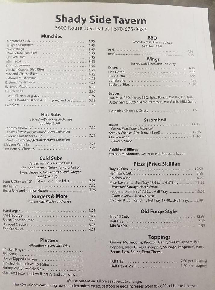 Menu at Shady Side Tavern pizzeria, Dallas, PA-309