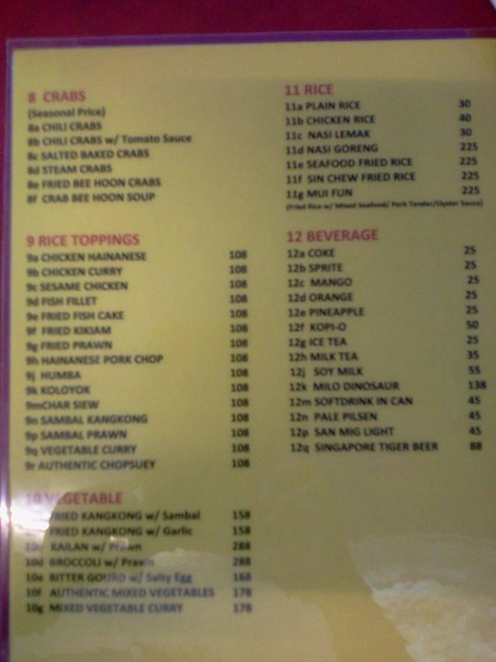 Menu at Singapore Restaurant, Manila