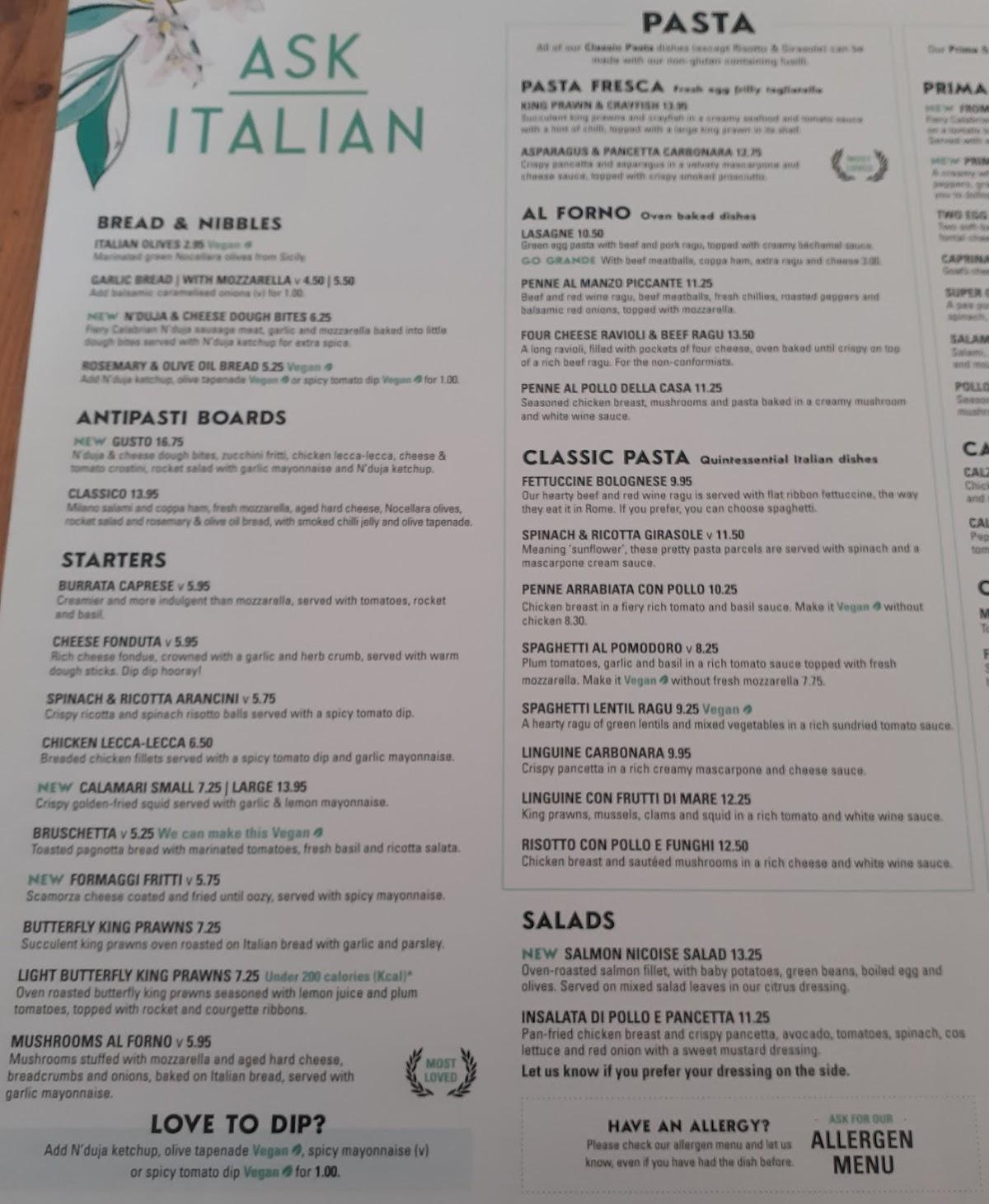 Menu at ASK Italian pizzeria, York