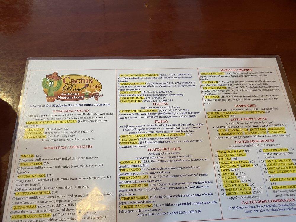 Menu at Cactus Rose Cafe, Indian Trail