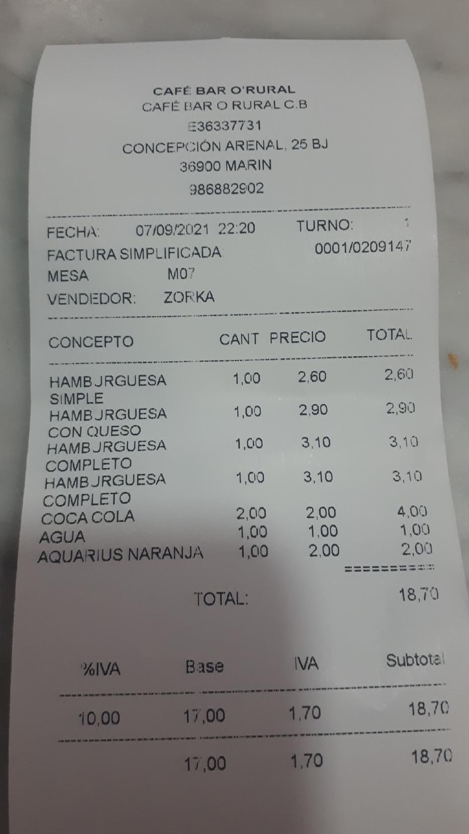 Carta de Café Bar O Rural, Marín