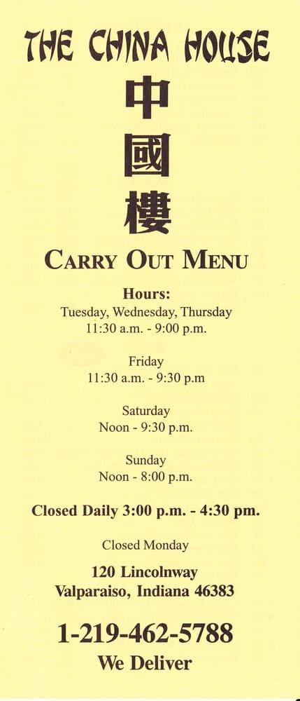 Menu at China House restaurant, Valparaiso, 120 Lincolnway