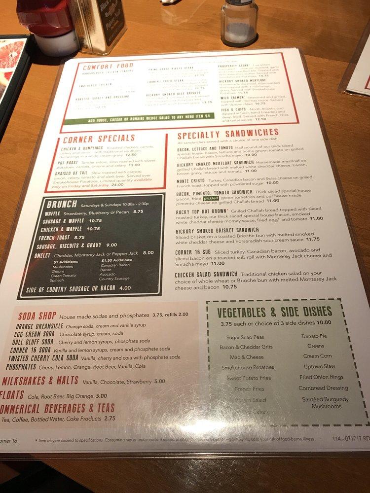 Menu at Corner16 restaurant, Knoxville, Bob Kirby Rd