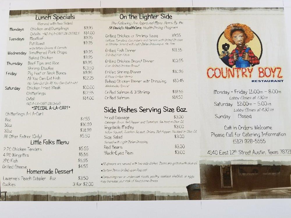 Menu at Country Boyz Fixins restaurant, Austin, E 12th St