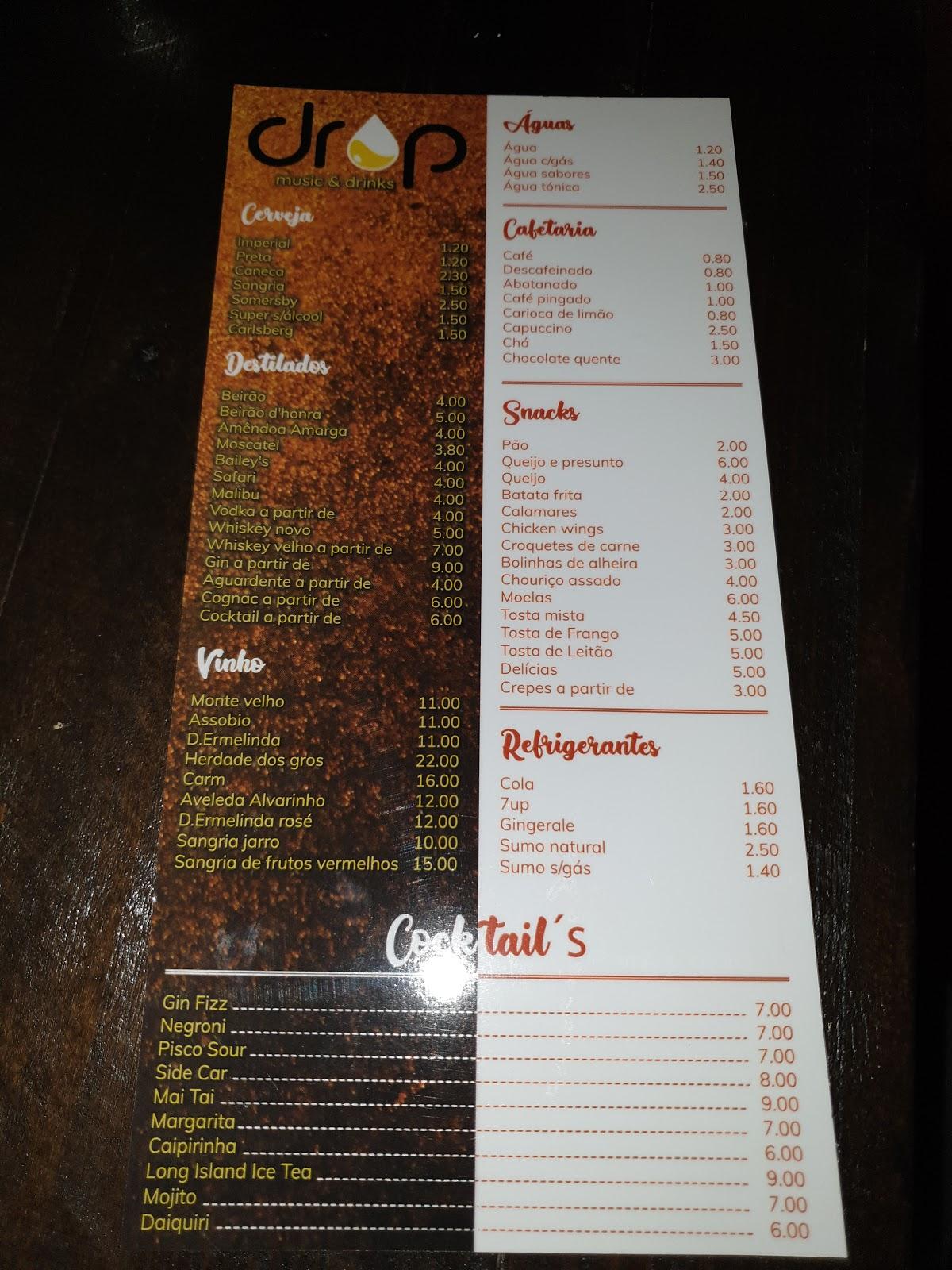 Menu at Drop Bar, Torres Novas
