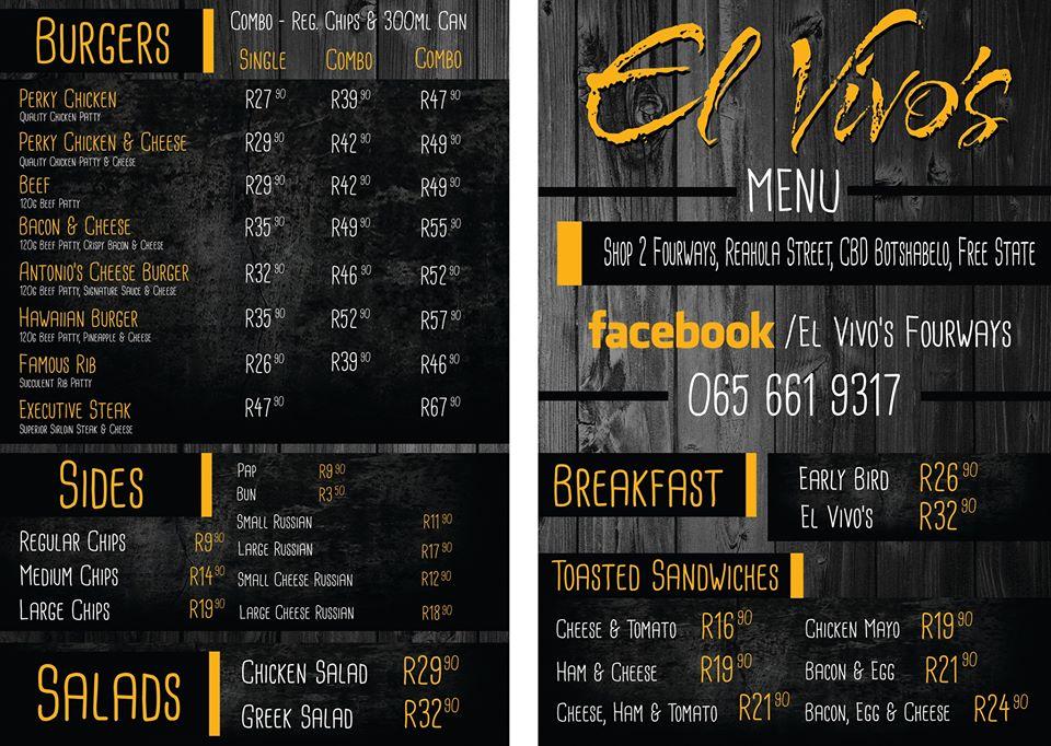 Menu at El Vivo's Botshabelo restaurant, Botshabelo