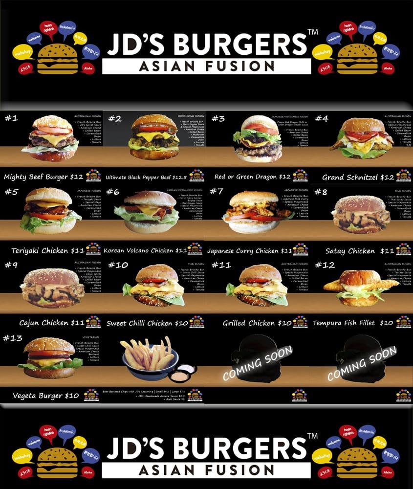 Menu at JD's Burgers cafe, Kew