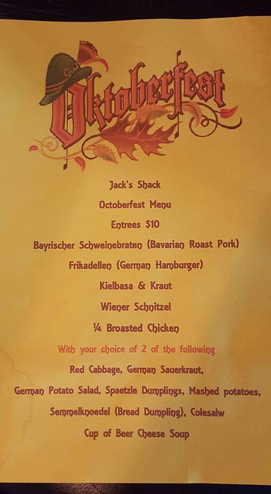 Menu at Jack's Shack restaurant, USA, MN-65