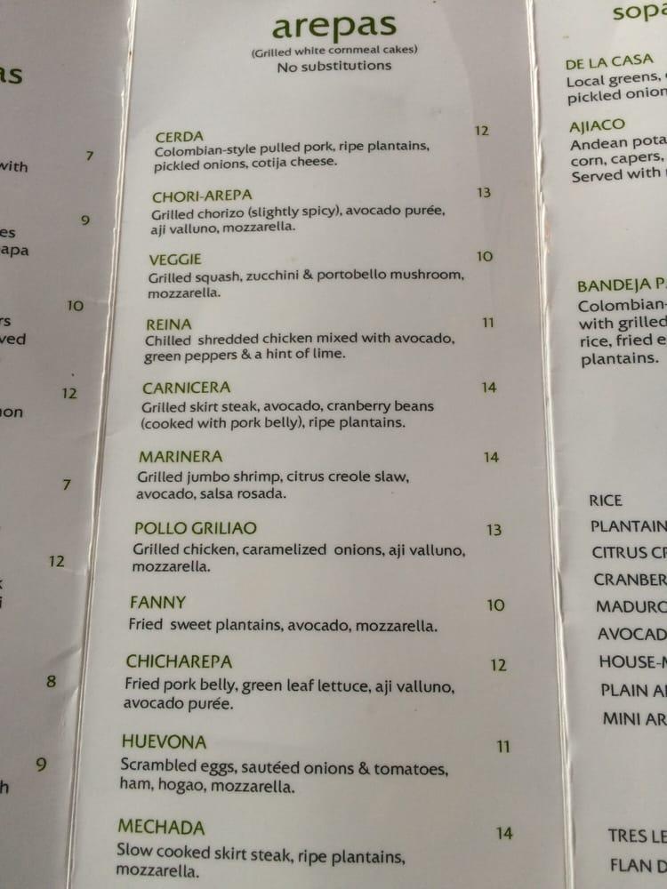 Menu at Maïs Arepas pub & bar, New Orleans