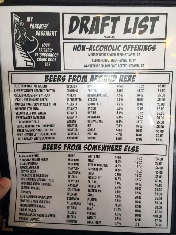 Menu at My Parents' Basement pub & bar, Avondale Estates