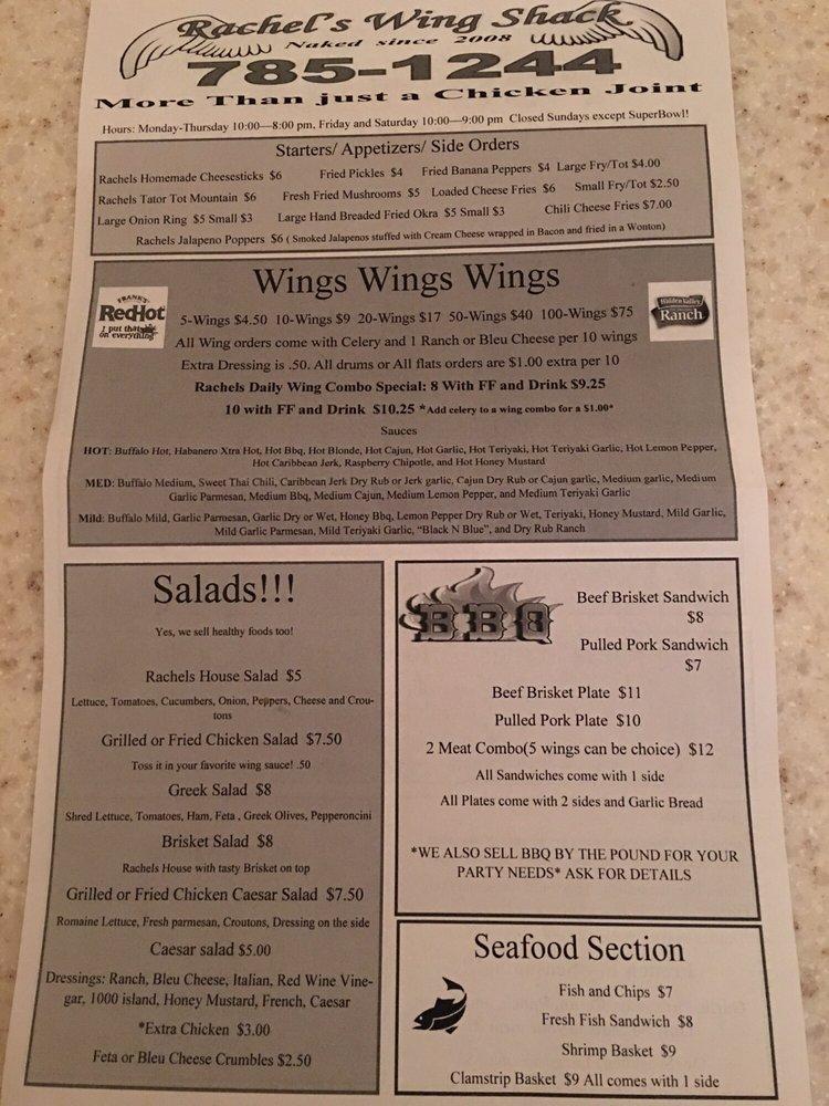 Menu at Rachel's wingshack restaurant, DeLand