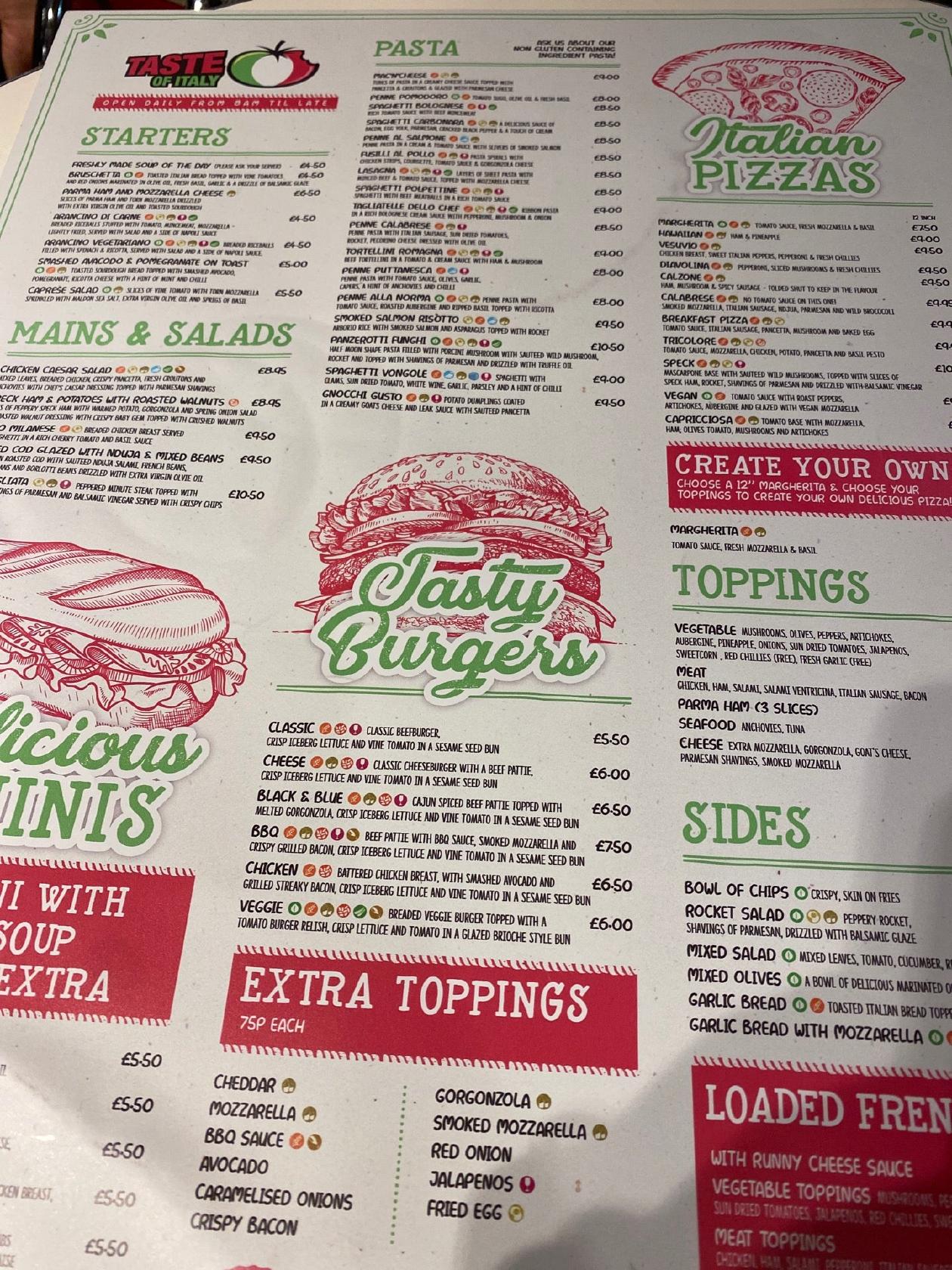 Menu at Taste of Italy restaurant, Edinburgh