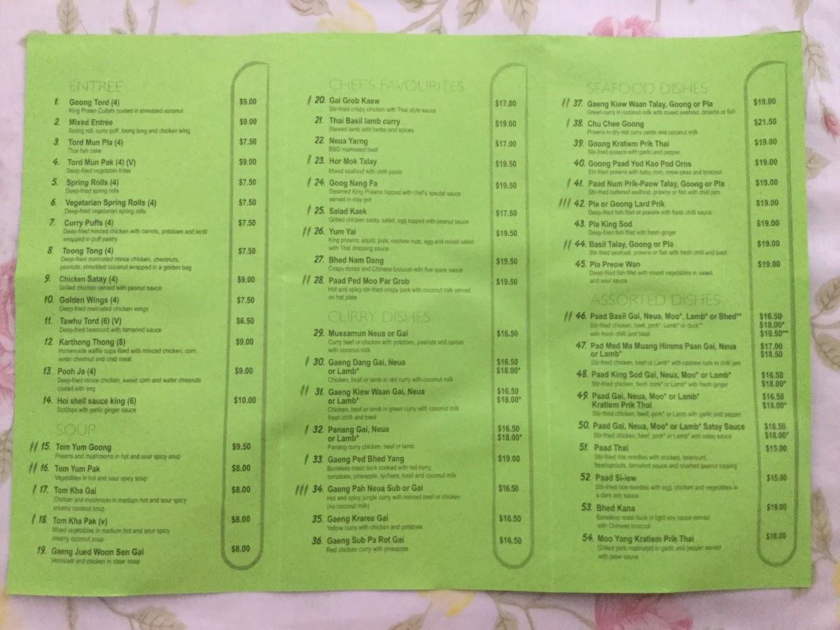 Carta de Thai Basil Restaurant, Wanniassa