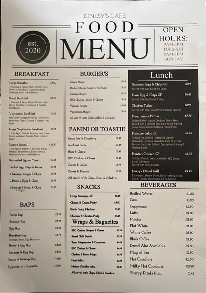 Menu at jonesy's catering and Cafe, Winkleigh