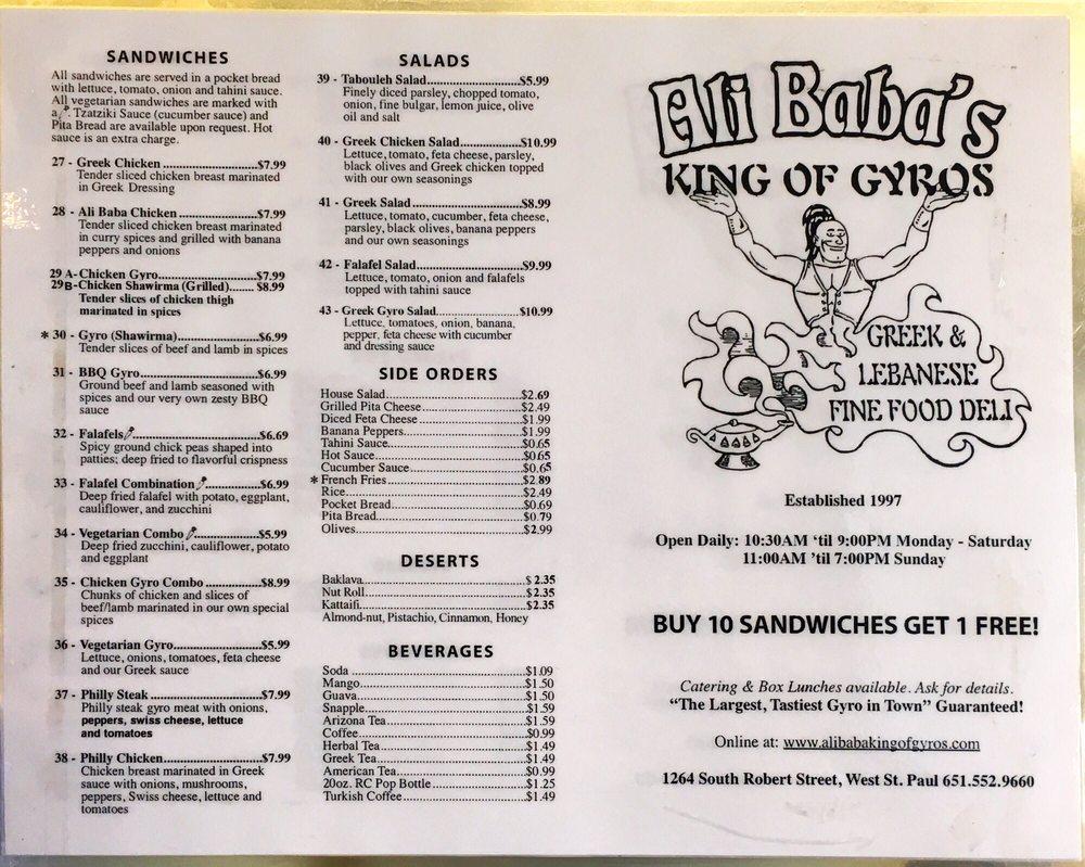 Menu at Ali Baba's restaurant, West Saint Paul