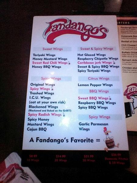 Menu at Fandango's Sports Bar & Grill, Valley Park