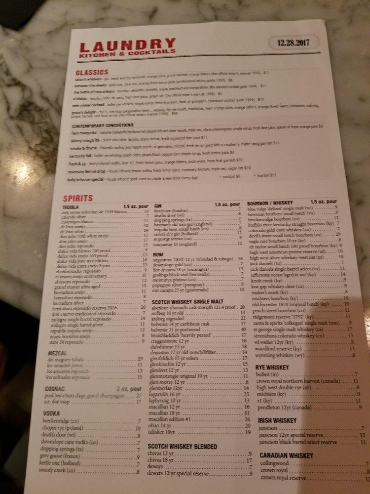Menu at Laundry pub & bar, Steamboat Springs