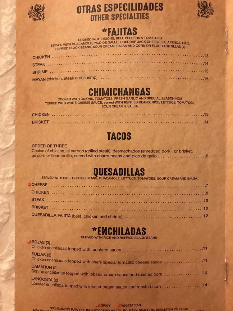 Menu at Mayan Kitchen restaurant, Chattanooga