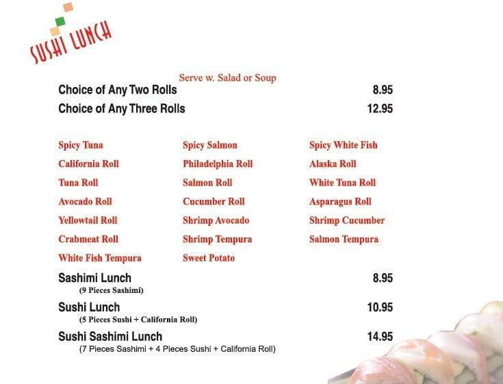 Menu at Mizumi Hibachi and Sushi restaurant, Greensboro, 309 State St