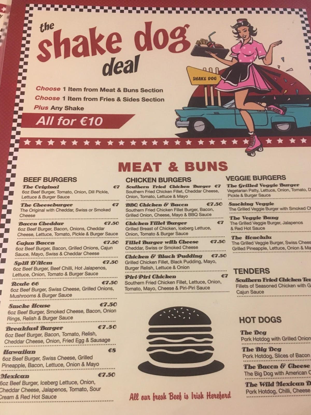 Menu at Shake Dog fast food, Drogheda, Drogheda Town Centre