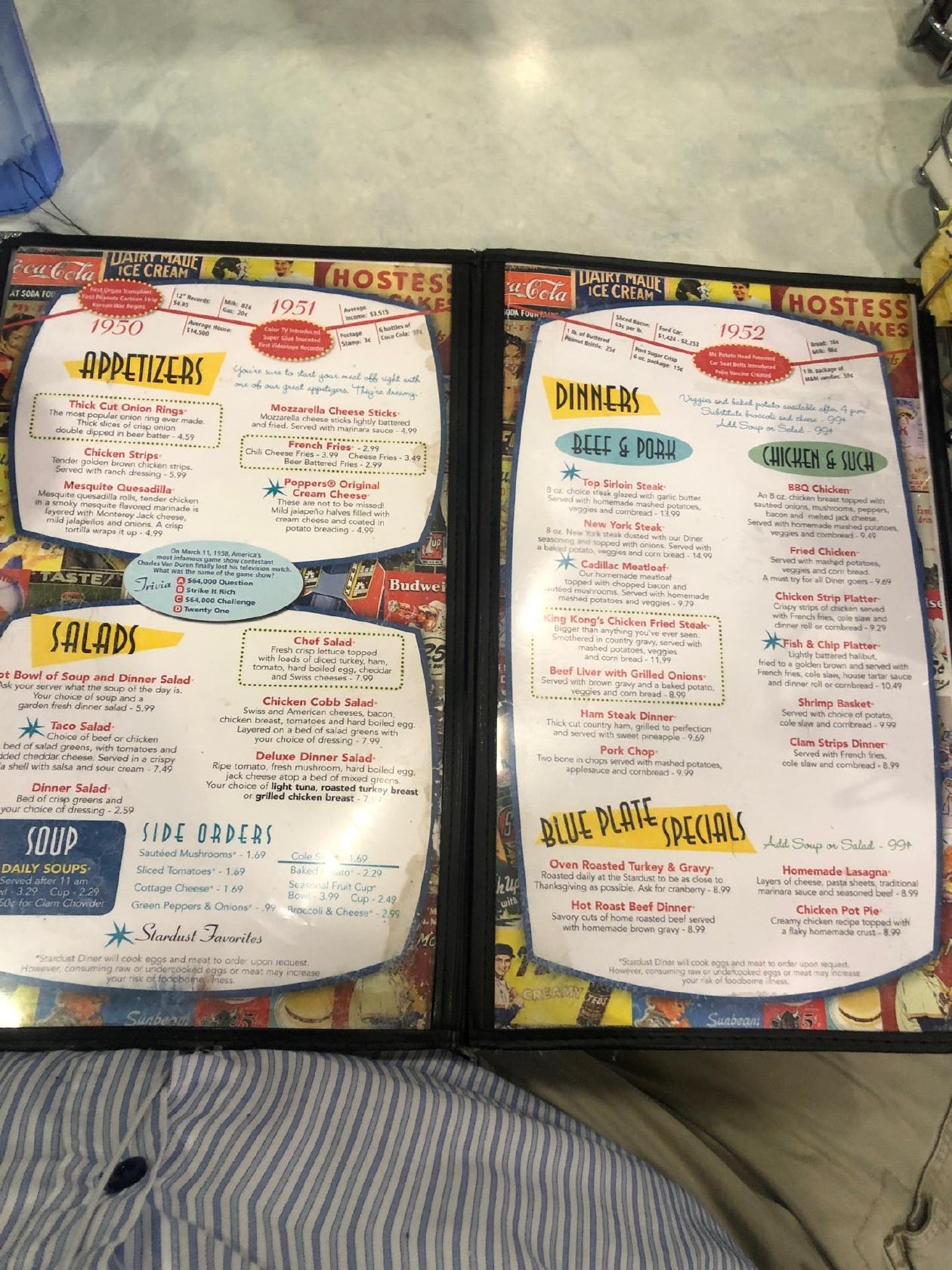 Menu at Stardust Diner cafe, Vancouver