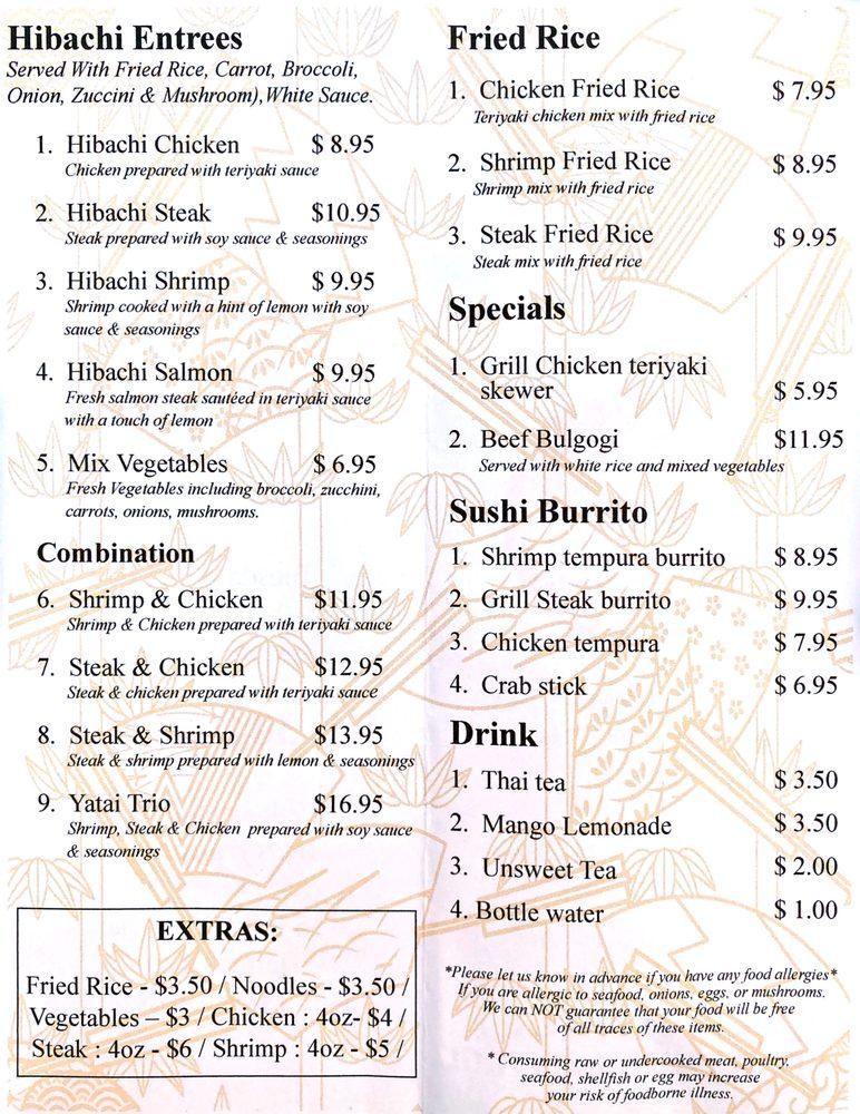 Menu at Yatai Hibachi, Harpers Ferry