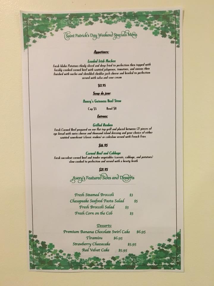 Menu at Avery's Maryland Grille pub & bar, Frederick