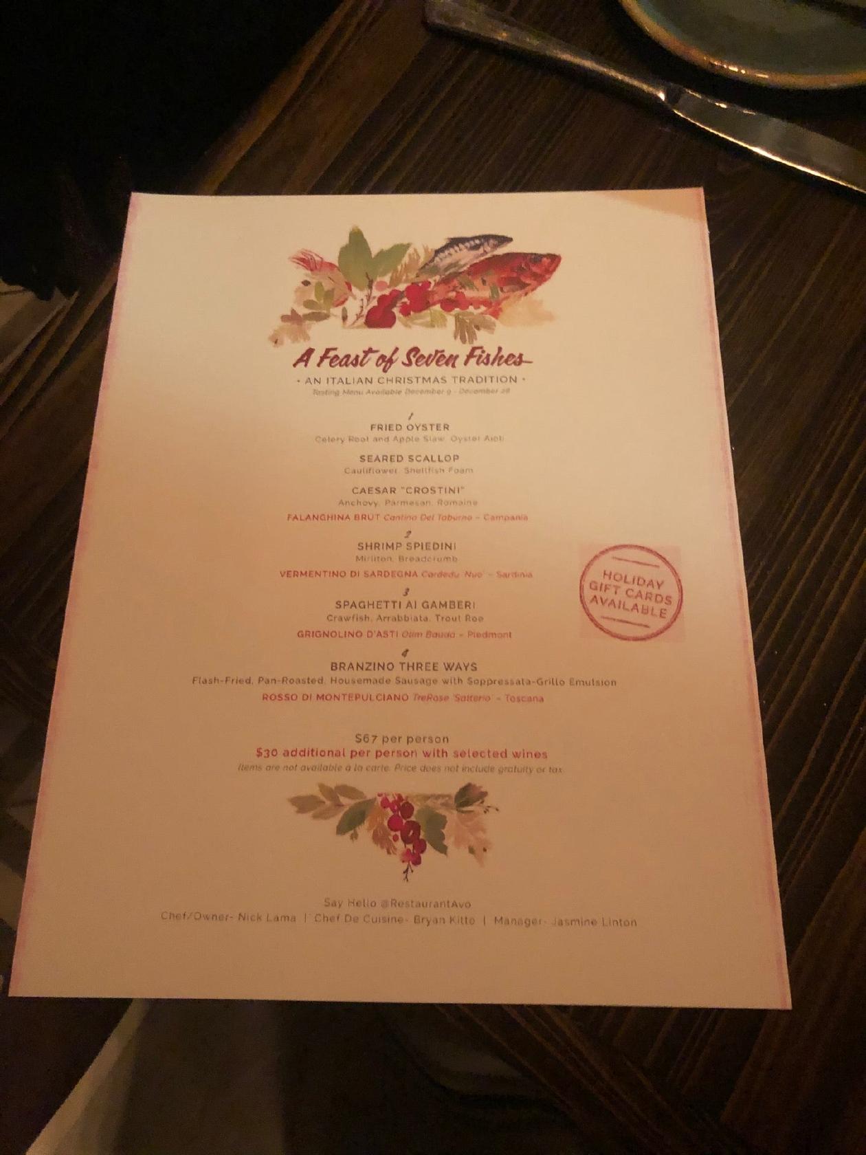 Menu at Avo restaurant, New Orleans