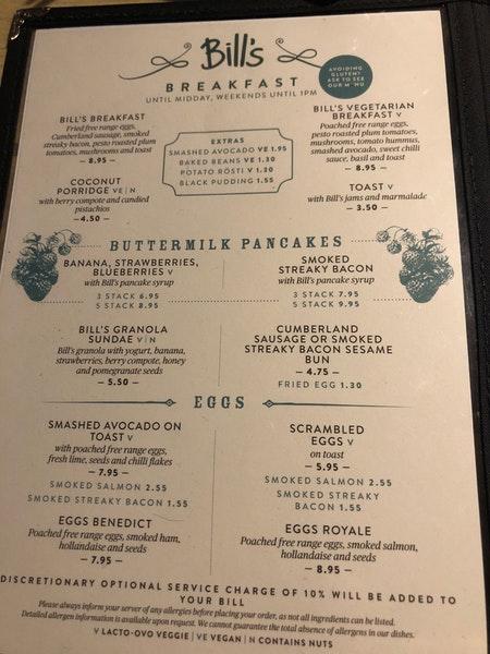 Menu at Bill's Nottingham Restaurant, Nottingham