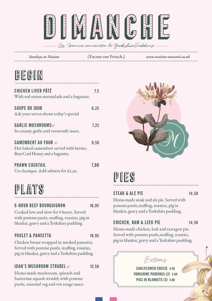 Menu at Maison Mes Amis restaurant, Chesterfield
