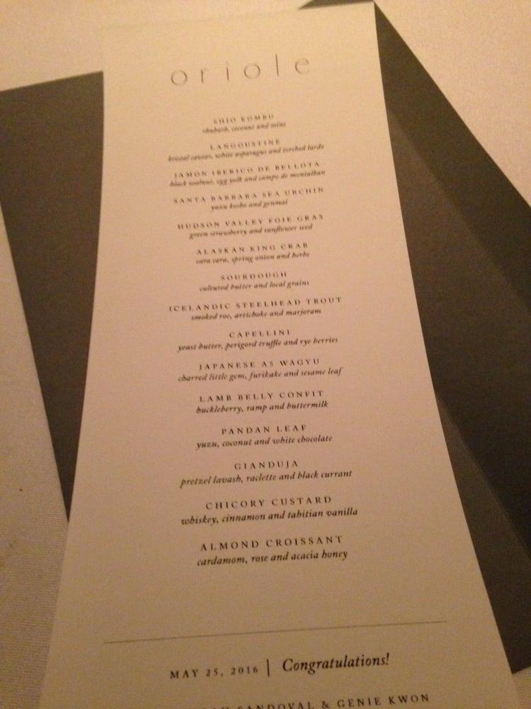 Menu at Oriole restaurant, Chicago