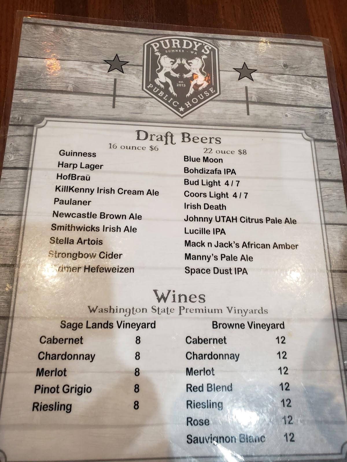 Menu at Purdy's Public House & Arcade, Sumner