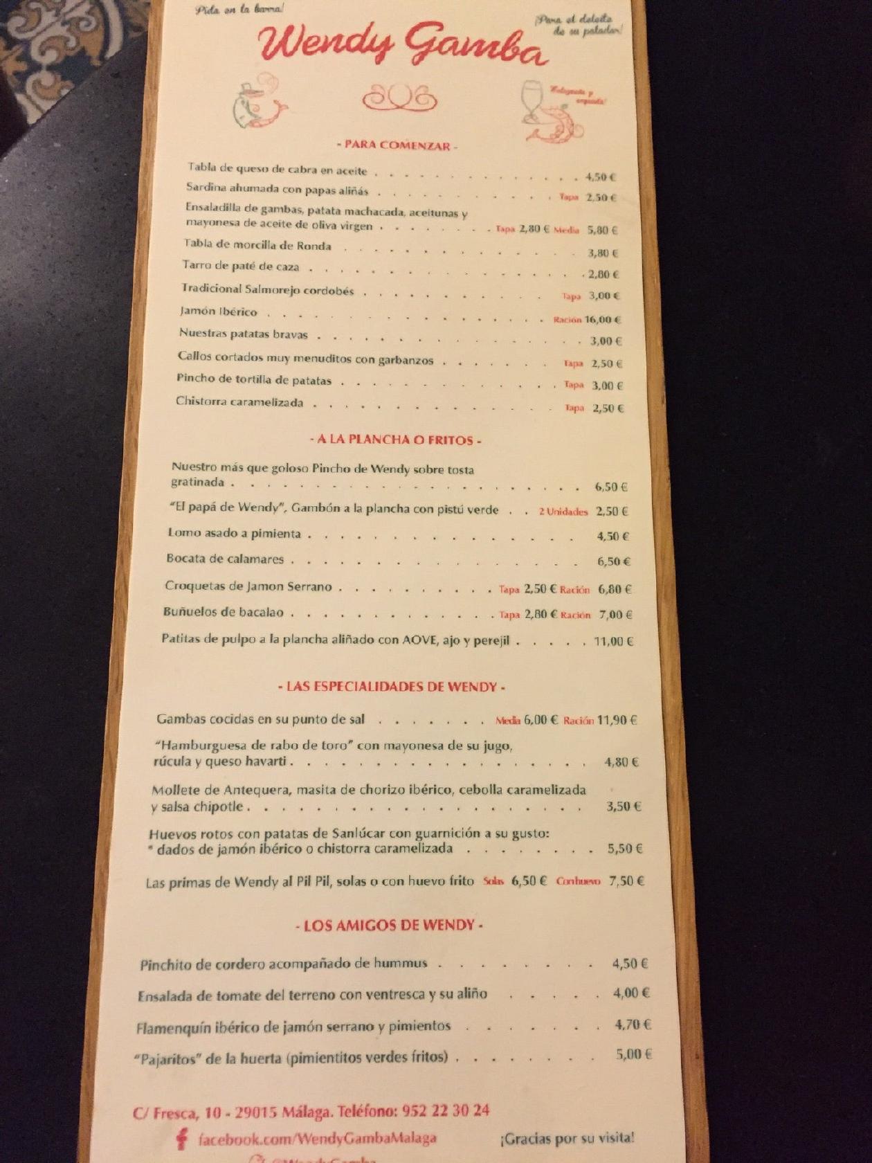 Menu at Wendy Gamba pub & bar, Málaga