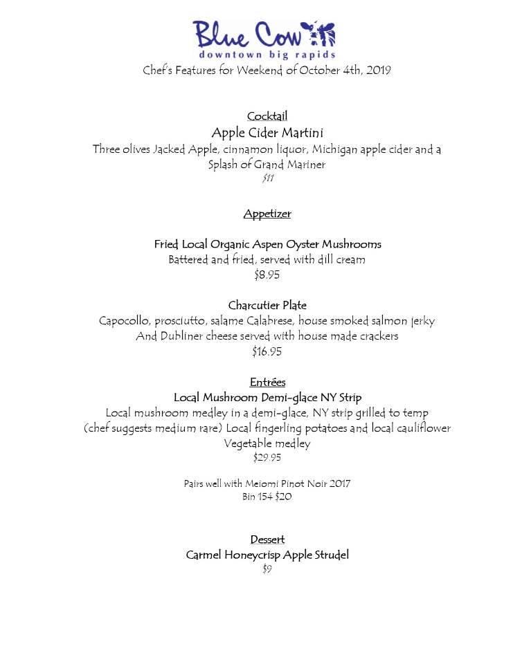 Menu at Blue Cow pub & bar, Big Rapids
